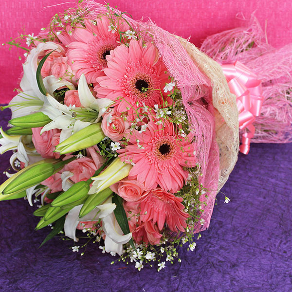 Send White Lilies & Pink Gerbera Bouquet Online - PR17036VL17 | Giftalove