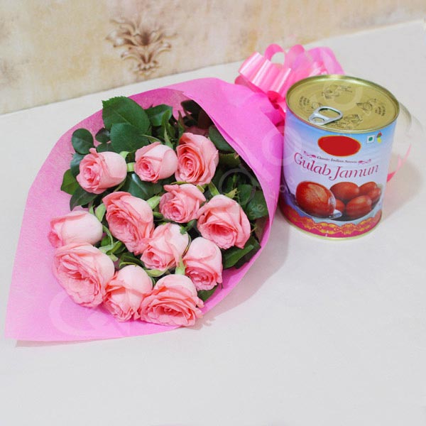 Send Bouquet of Pink Rose Flowers with Gulab Jamun Sweet Online - GAL22 ...