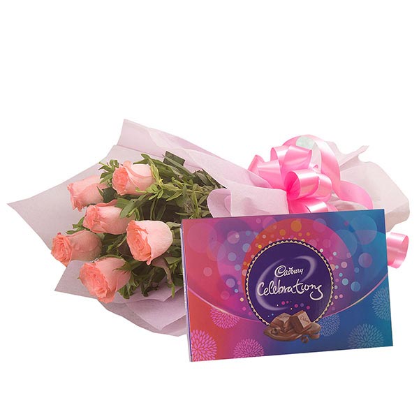 Send Bunch of Six Pink Roses N Celebrations Pack Online - GAL22-108331 ...