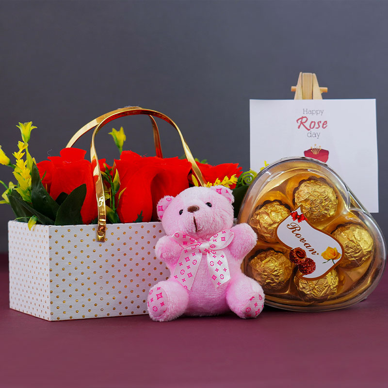 Send Gift Hamper of Teddy N Chocolate with Artificial Roses for Rose ...