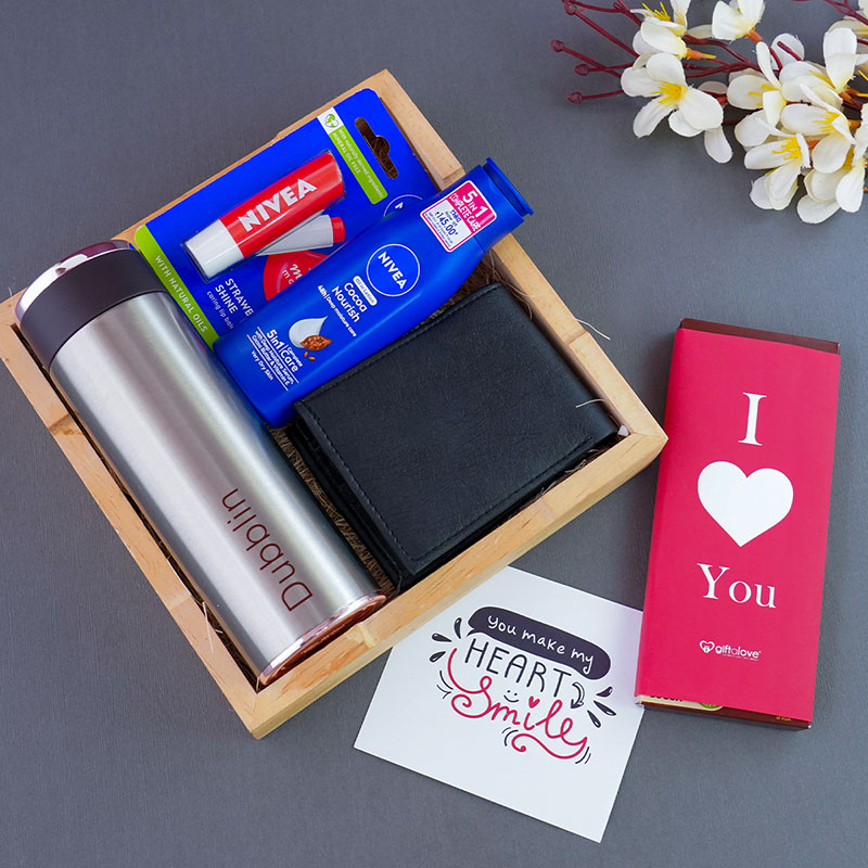 Send Leather Wallet and Dubblin Bottle Gift Hamper for Boyfriend Online ...