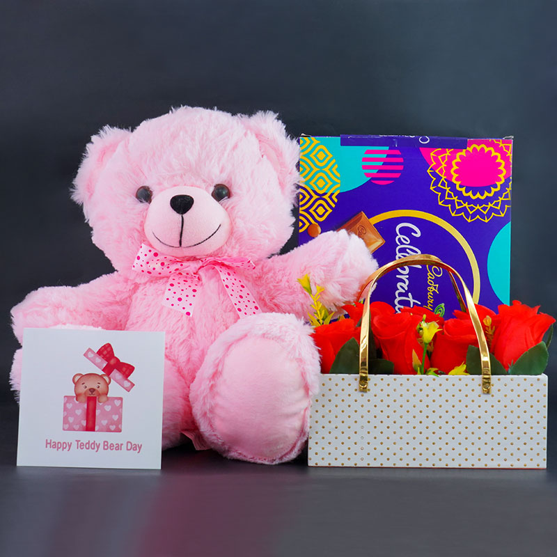 Send Teddy with Artificial Roses Teddy Day Gift Combo Online - VL23 ...